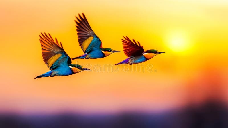 Birds in Flight at Sunset Three Birds Soaring Sunset Backdrop Vibrant ...
