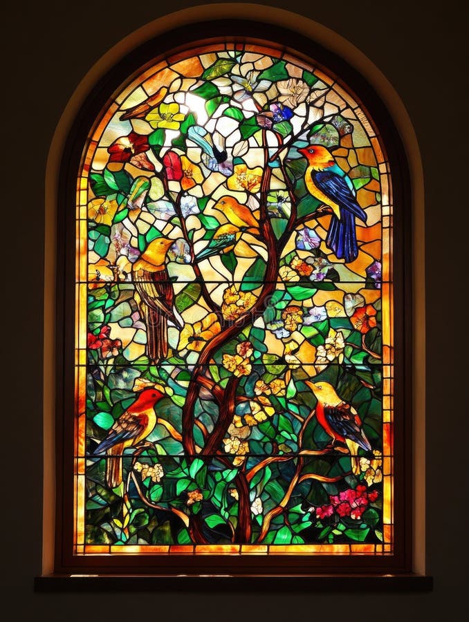 Birds and Flowers Stained Glass Window Stock Image - Image of birdhouse ...