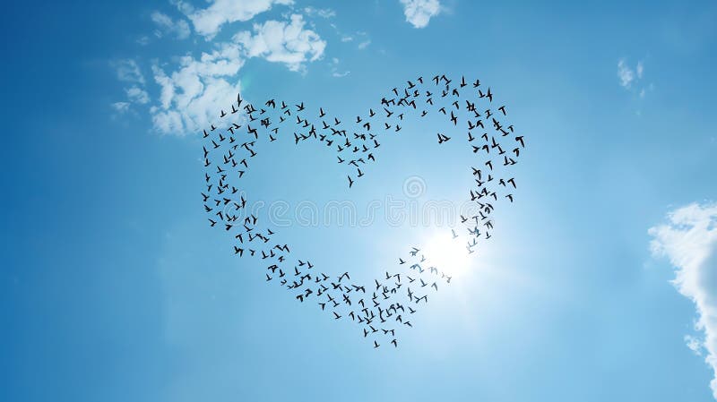 Birds Fly Heart Shaped on Blue Sky, AI Generated Stock Illustration ...