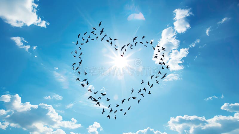 Birds Fly Heart Shaped on Blue Sky, AI Generated Stock Illustration ...