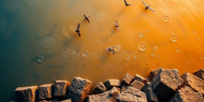 Birds Fly Over Calm Water with Ripples Stock Illustration ...
