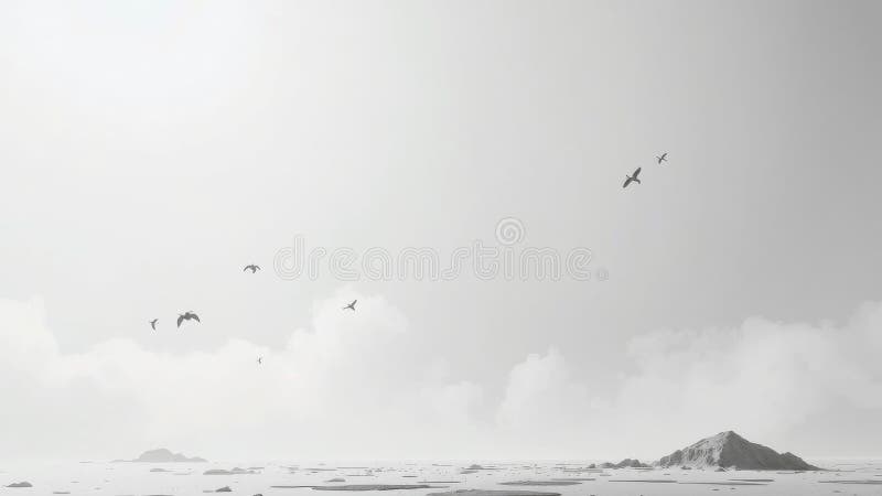 Birds Fly Over a Foggy White Landscape Stock Illustration ...