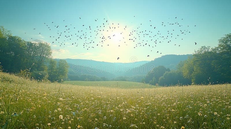 Birds Fly Over Lush Meadow Sunny Day Stock Photos - Free & Royalty-Free Stock Photos from Dreamstime