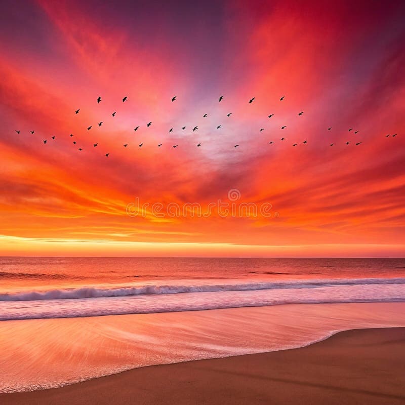 Aerial View Stunning Sunset Over Ocean Beach Birds Stock Photos - Free ...