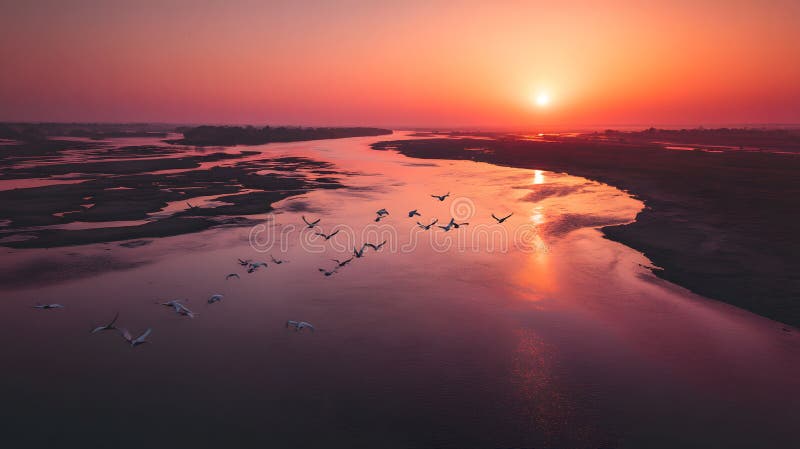 Birds Fly Over a River at Sunset, Reflecting Light in the Water and ...