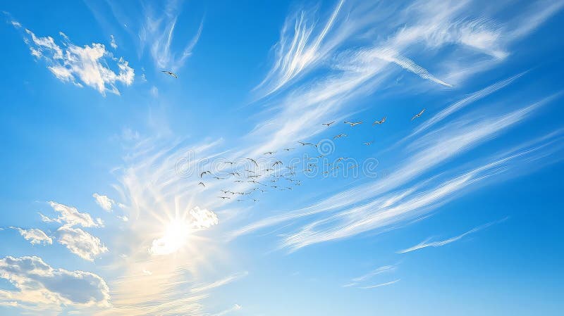Birds Fly in a Vibrant Blue Sky Filled with Wispy Clouds and a Bright ...