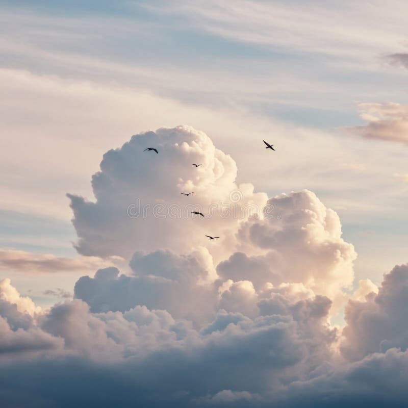 Birds Flying Amidst Large Fluffy White Clouds during Sunset Stock Image ...