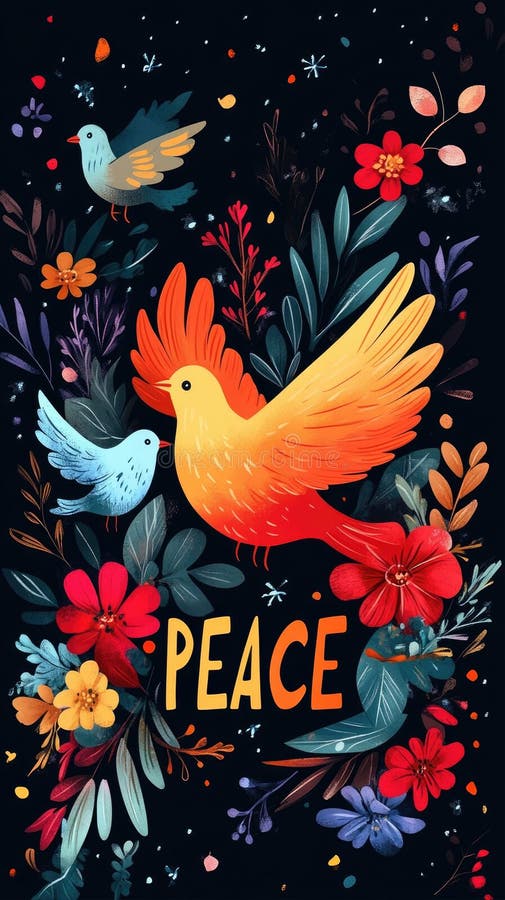 Birds Flying Around Flowers Symbolizing Peace and Harmony Stock Illustration - Illustration of ...