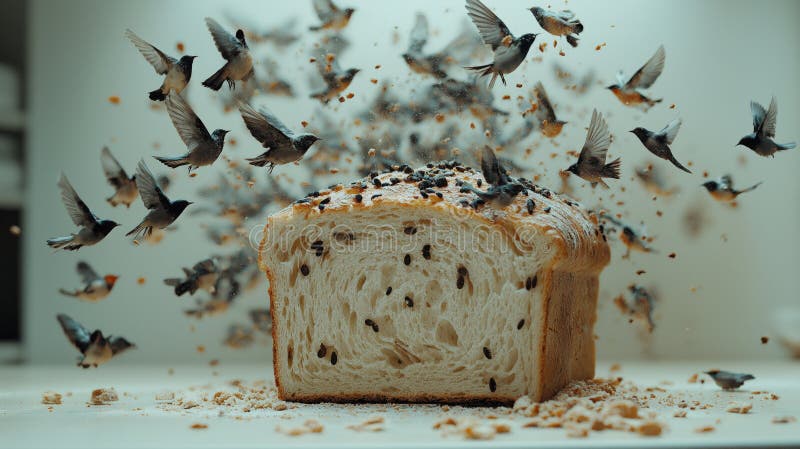 Birds Flying Around a Loaf of Bread Creating a Dynamic Kitchen Scene ...