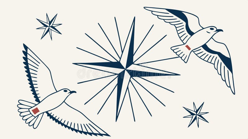 Birds Flying with Compass Rose Navigation Freedom Graphic Illustration ...