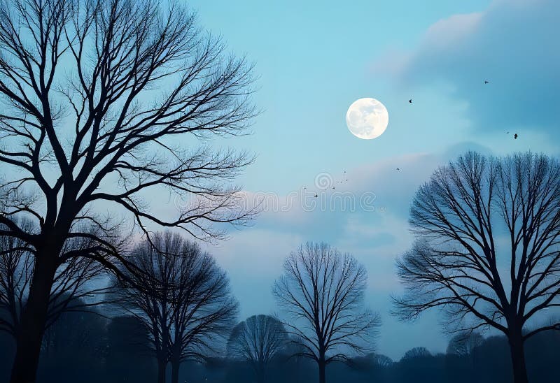 Birds Flying in the Foggy Forest at Night with a Full Moon. Stock ...