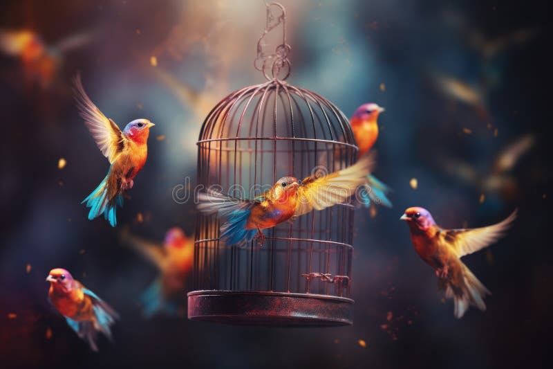 Birds Flying Out of Cage Background. Freedom Concept Stock Illustration ...