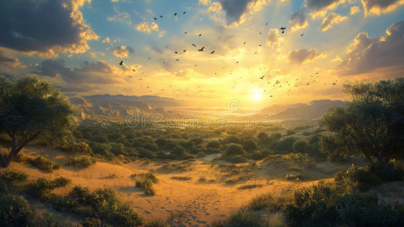 Birds Flying Over Desert Oasis at Sunset Stock Illustration ...
