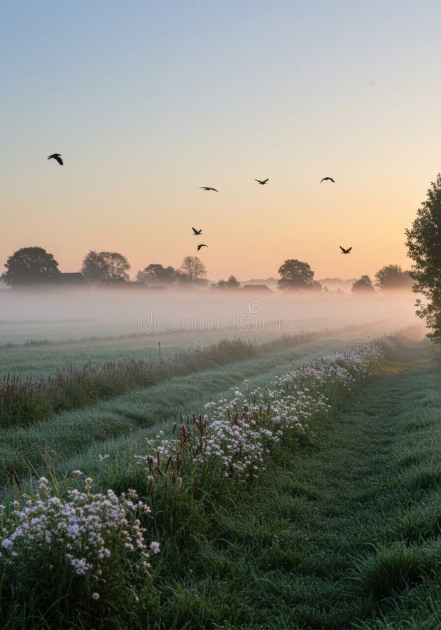 Birds Flying Over Misty Field at Sunrise Stock Illustration ...