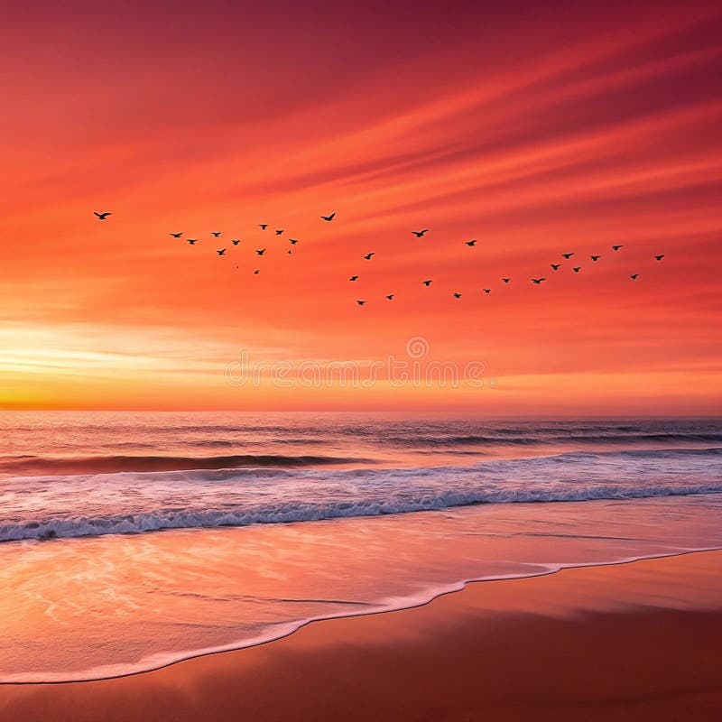 Birds Flying Over Ocean Sunset Beach Calming Nature Scene Stock ...