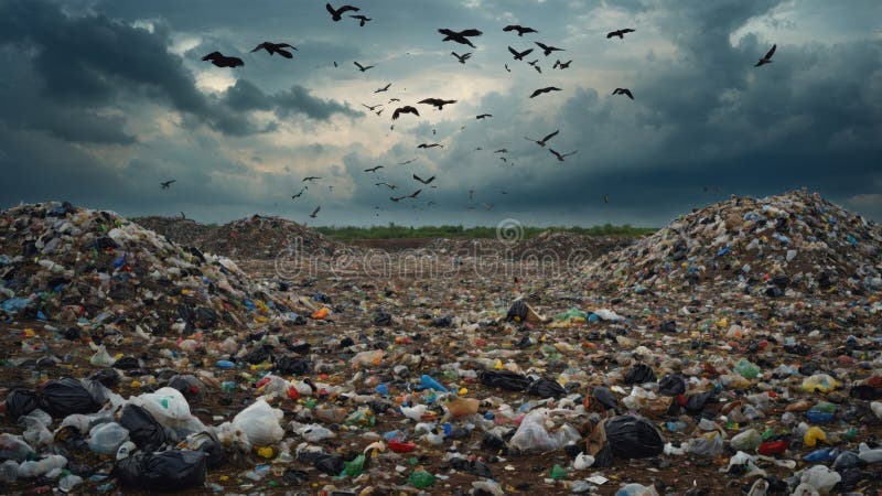 Birds Flying Over Polluted Landfill with Scattered Trash Stock Image ...