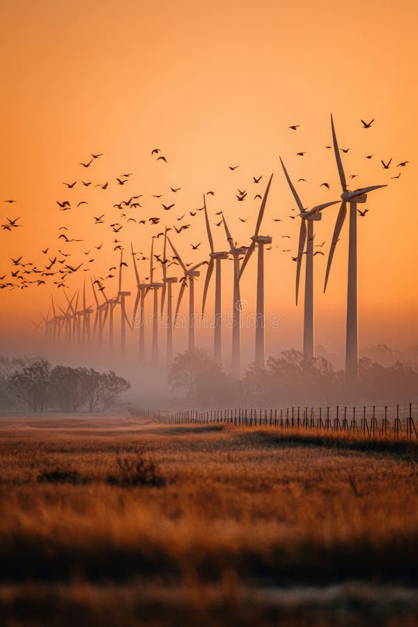 Birds Flying Over Wind Turbines at Sunrise Stock Illustration ...
