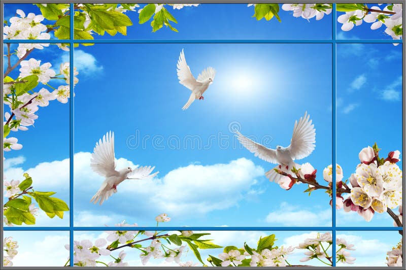 Sunny Sky and Joyful Birds in Spring, View from the Window Stock Image ...