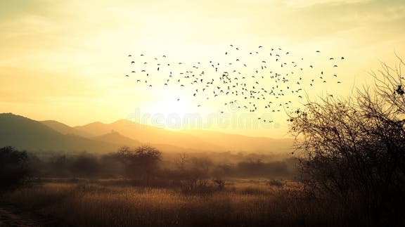 Birds Flying at Sunset Over Hazy Fields and Mountains Stock Photo ...
