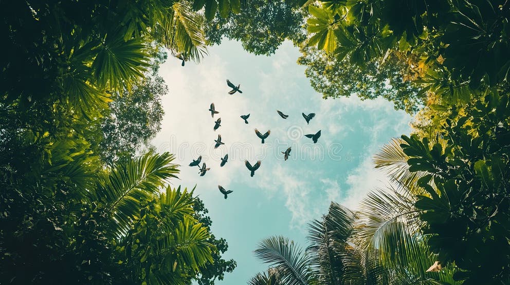 Birds Flying in Tropical Forest Canopy Stock Illustration ...