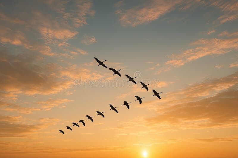 Birds Flying in V Formation at Sunset Stock Illustration - Illustration ...
