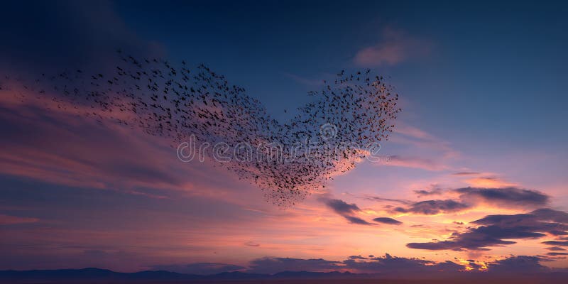 Birds Forming a Heart Shape at Sunset Stock Illustration - Illustration ...