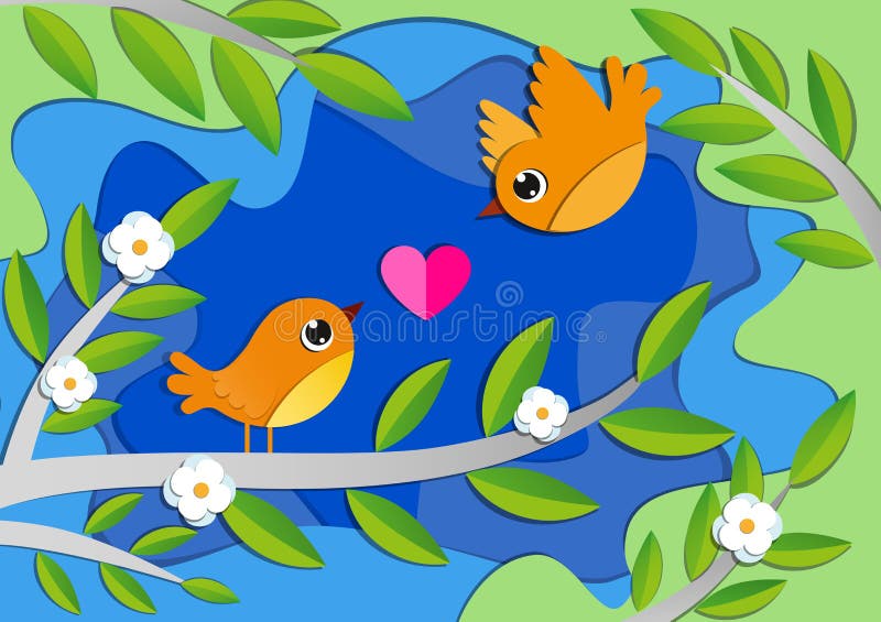 Birds in Love on the Blooming Tree in Spring Stock Vector ...