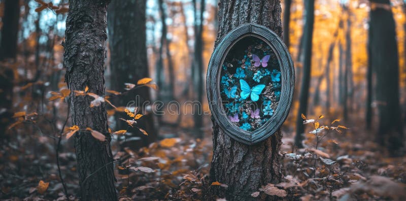 Birds in a Miniature Forest Scene are Framed by Wood Stock Photo ...