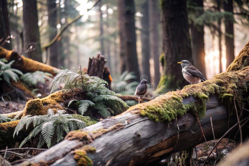 Birds on Mossy Log in Forest at Dawn Stock Illustration - Illustration ...