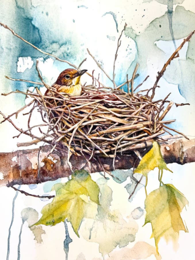 A Birds Nest on a Branch in Watercolor Stock Illustration ...