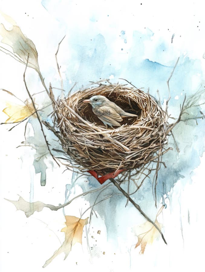 A Birds Nest on a Branch in Watercolor Stock Illustration ...