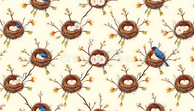 Birds Nest Spring Pattern Blue Birds Eggs Branches Floral Design Stock ...