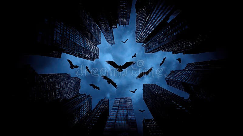Birds Over City at Dusk stock photo. Image of dark, shadows - 386080152