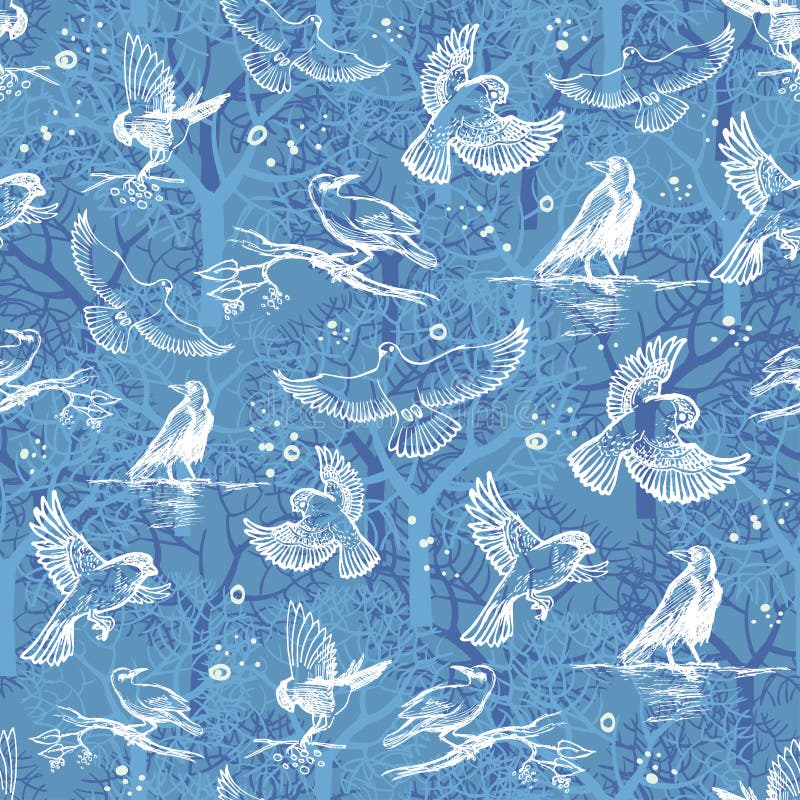 Birds Pattern. Cute Seamless Texture With Small White Birds And Trees ...