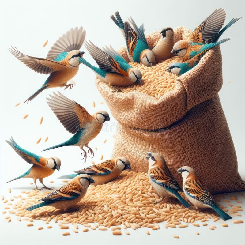 Birds Peck at Grain from a Bag. Stock Illustration - Illustration of ...
