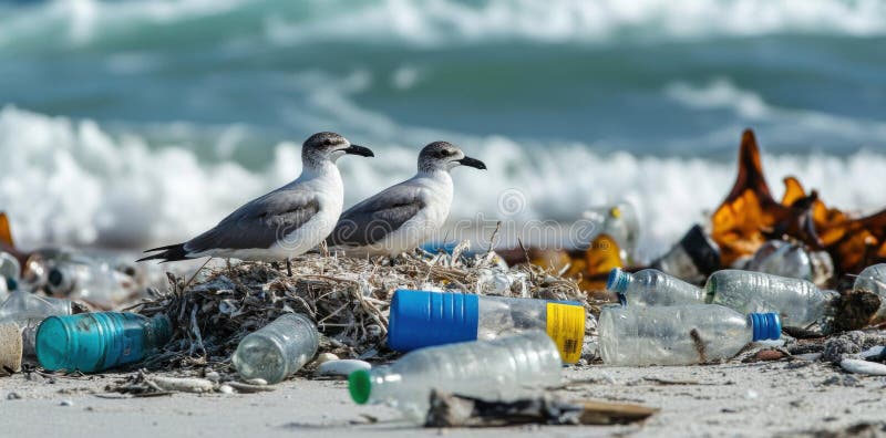 Birds Perch on Beach Plastic Debris Symbolizing Marine Life Pollution ...
