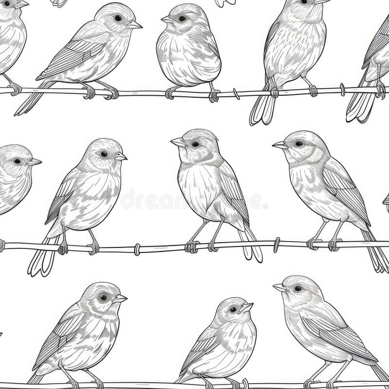 Elegant Line Art Birds on a Branch Seamless Pattern Stock Illustration ...