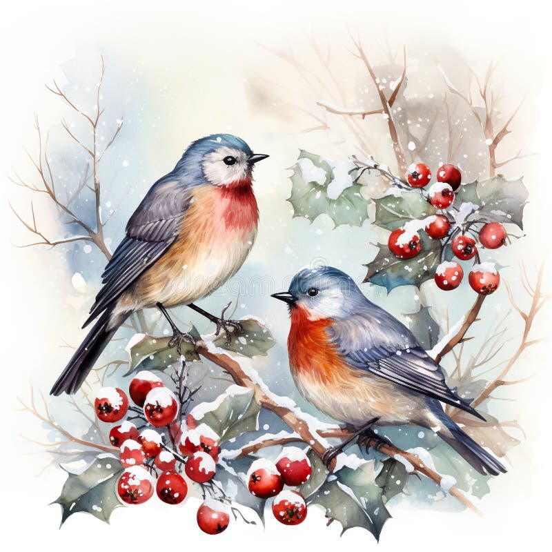 Birds Perched on Snowy Branches, Surrounded by the Enchanting Ambiance ... Birds Perched on Snowy Branches, Surrounded by the Enchanting Ambiance ...