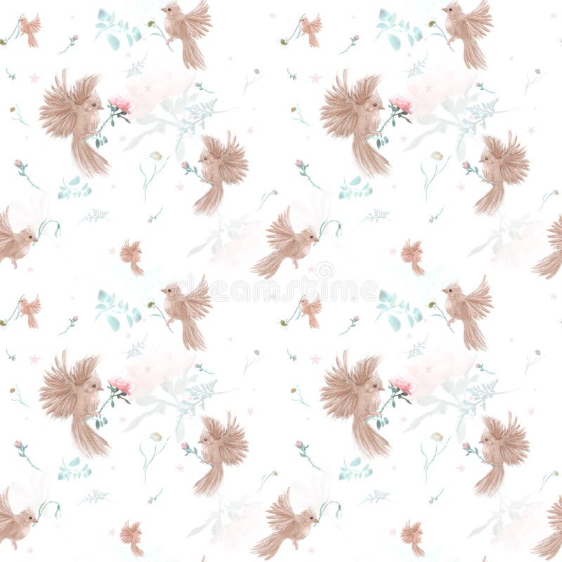 Birds Seamless Repeat Tile Pattern on White Background. Flowers and ...