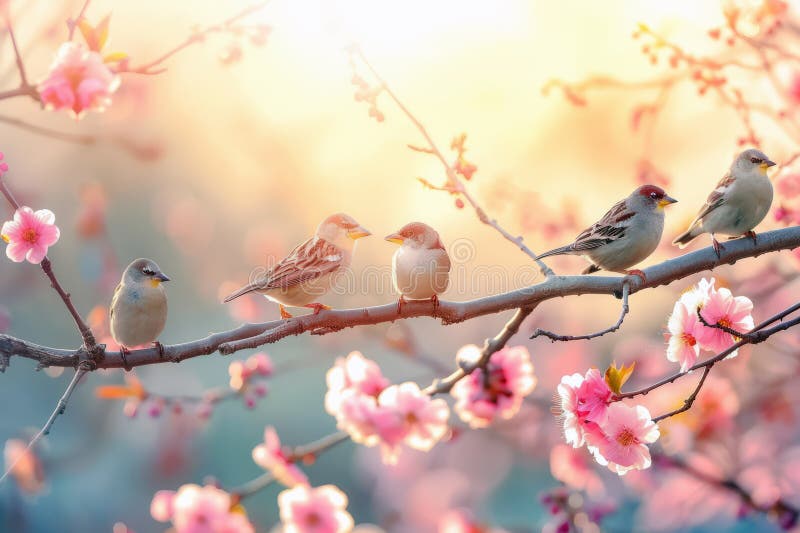 Cute Birds Singing Cheerfully in the Tree Stock Illustration ...