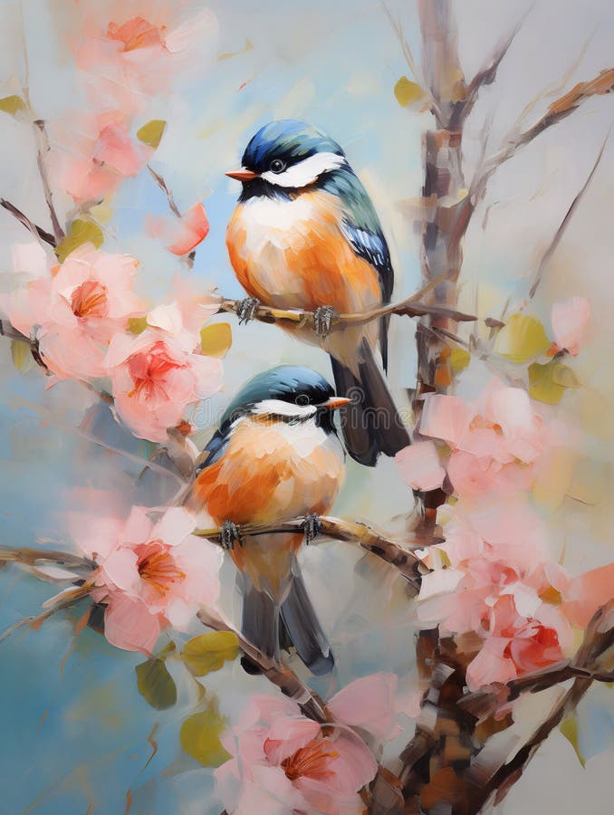 Birds Sit on the Branches of Blooming Spring Trees. Oil Painting in ...
