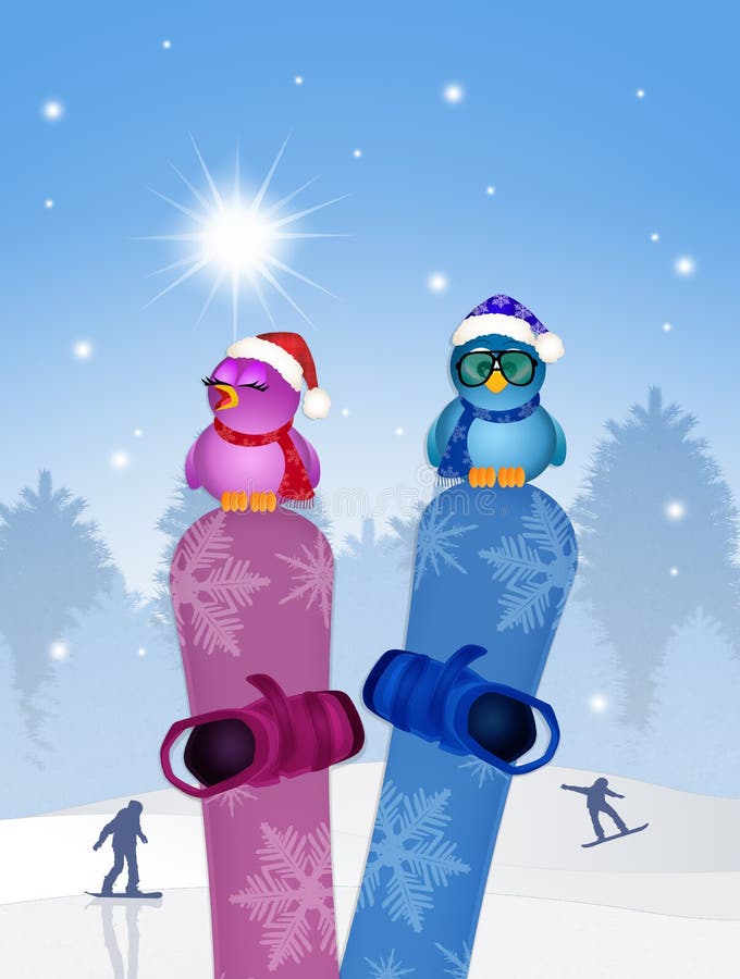 Birds on Snowboard in Winter Stock Illustration - Illustration of funny ...