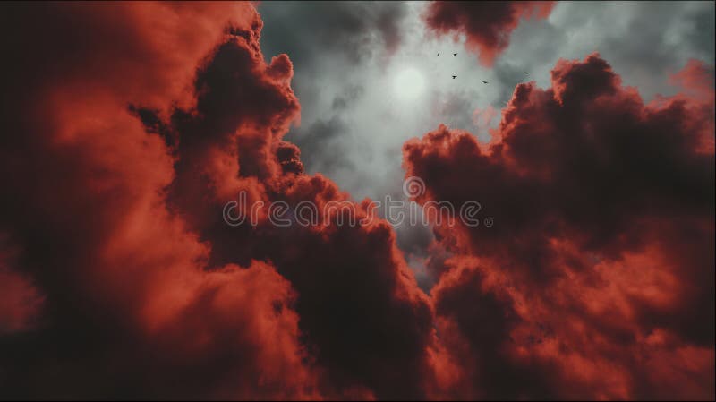 Birds Soaring Across Stormy Red Grey Sky, Generating Moody Dramatic ...