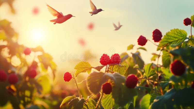 Birds Soaring through a Raspberry Field at Sunrise Stock Image - Image ...