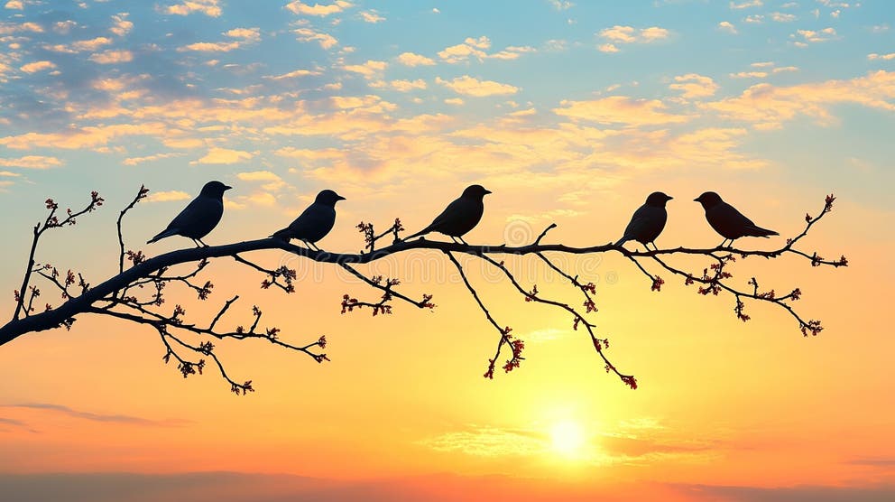 Birds Sunset Branch Spring Silhouette Stock Illustration - Illustration ...