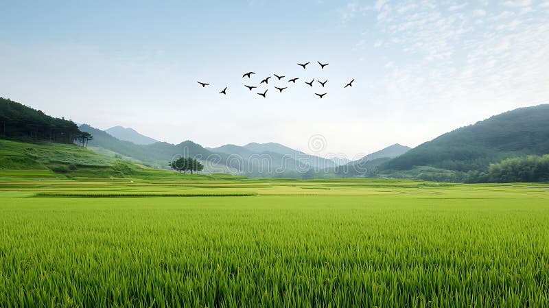 Birds Taking Flight Over Lush Rice Fields Stock Illustration ...