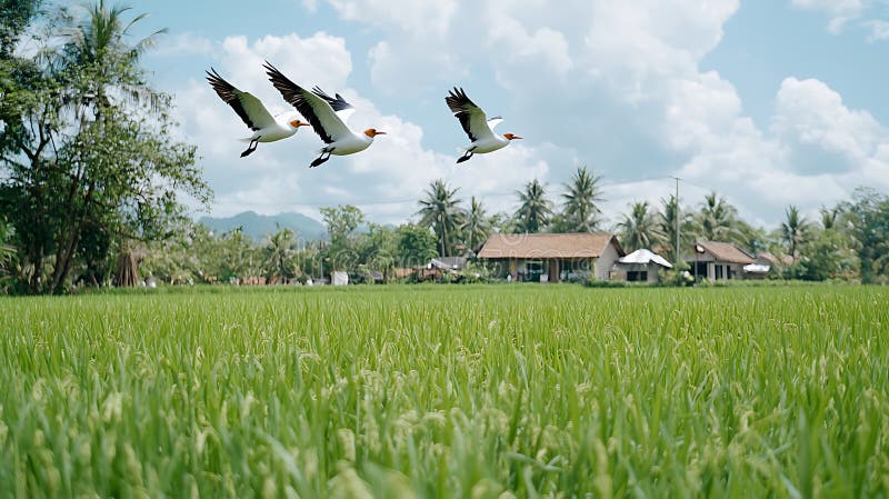 Birds Taking Flight Over Rice Fields in Daylight Stock Illustration ...