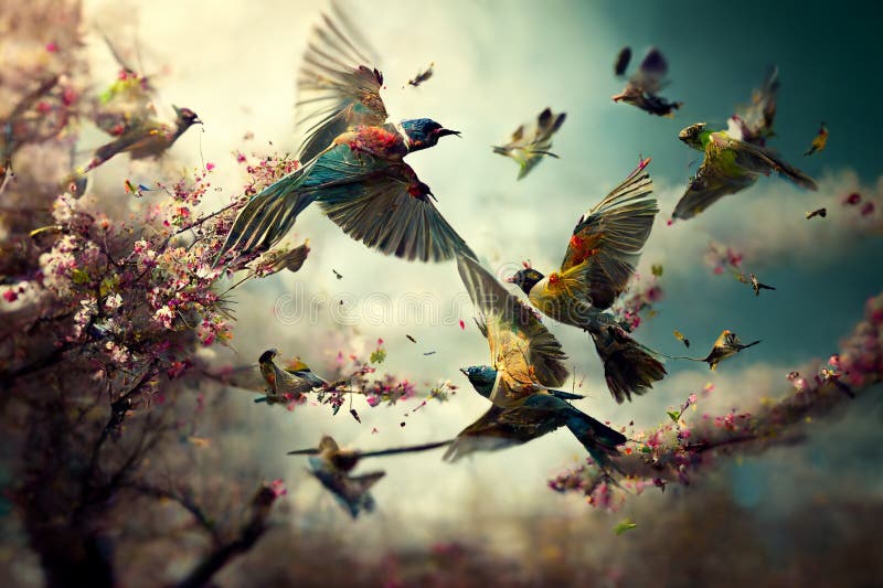 Birds Taking Flight in Spring, Visual Concept Stock Illustration ...