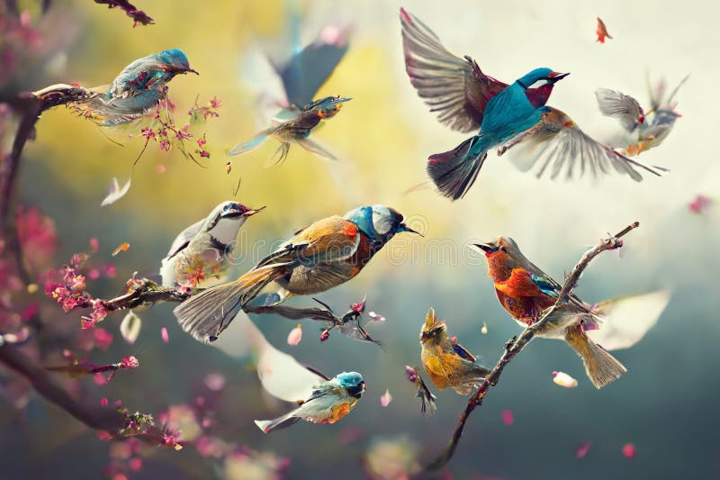 Birds Taking Flight in Spring, Visual Concept Stock Illustration ...