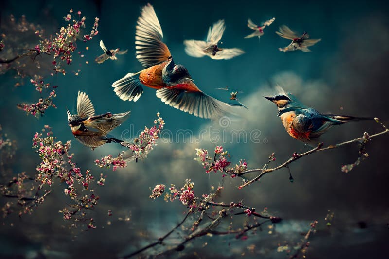 Birds Taking Flight in Spring, Visual Concept Stock Illustration ...